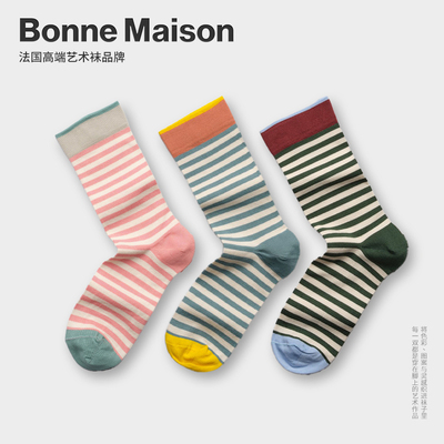BONNE MAISON法国设计师高端艺术袜品牌网红彩色条纹袜中筒棉袜子