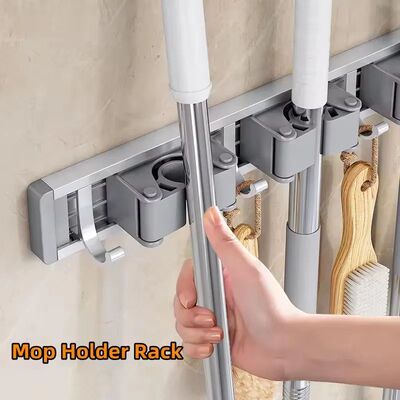 Wall Mounted Mop & Broom Organizer Rack with 5 Hooks Strong