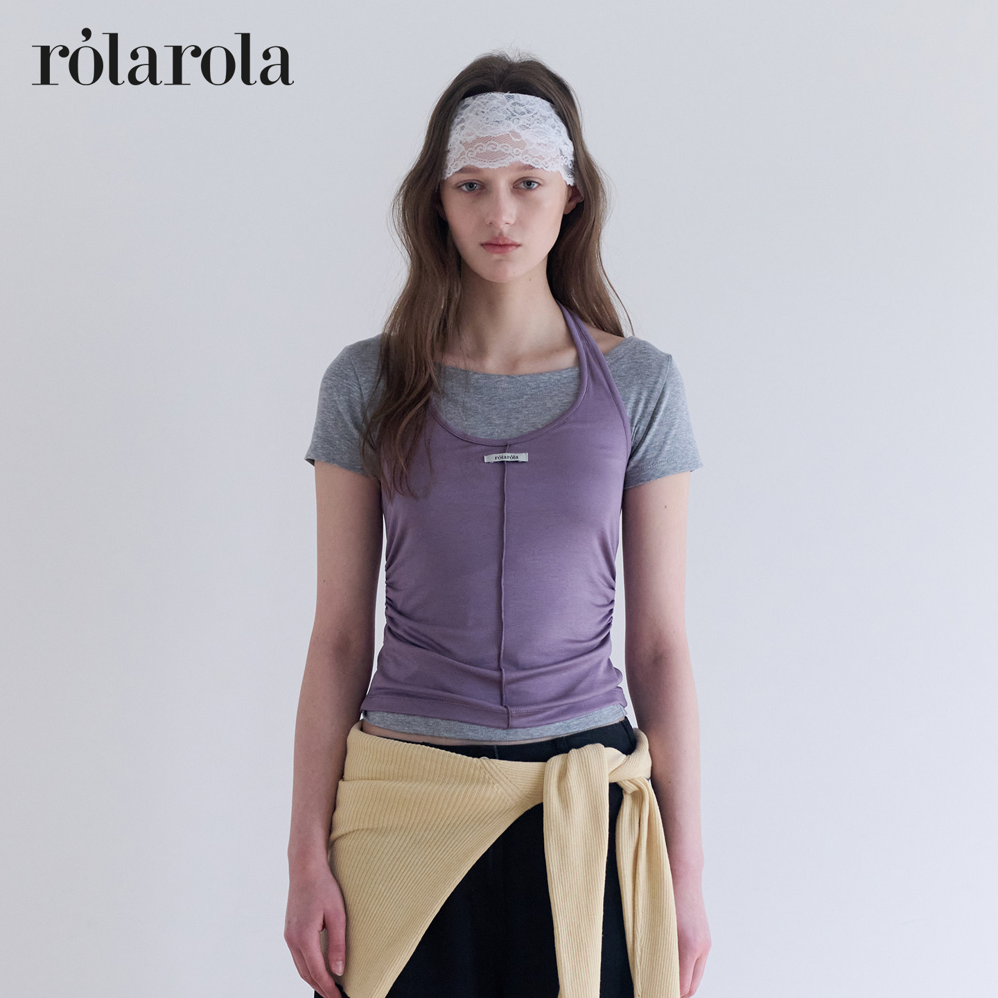 [张元英同款]rolarola26年新款撞色叠穿吊带挂脖修身T恤女两件套