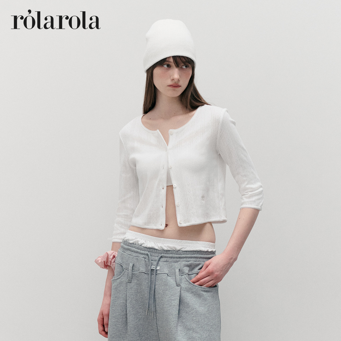 ROLAROLA26年极简风七分袖圆领单排扣开衫女网眼提花短外套