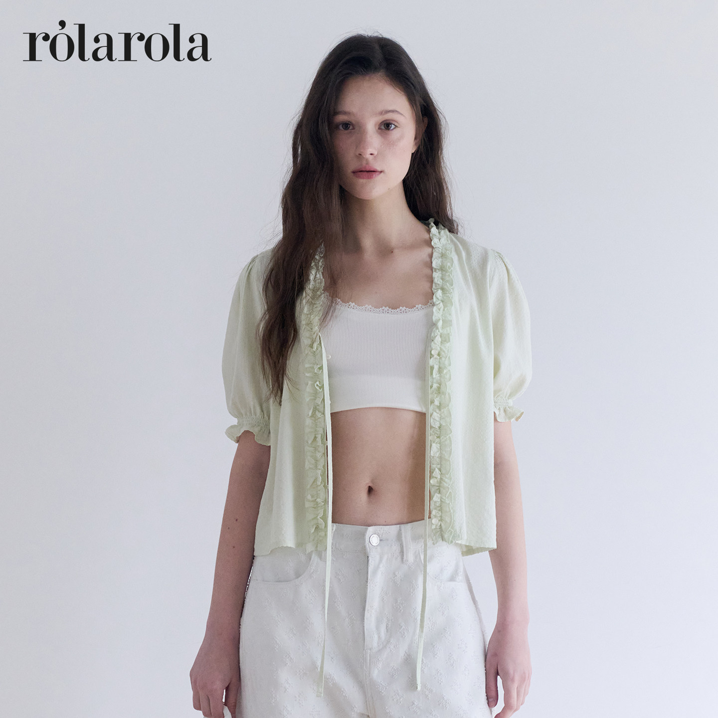 [张元英同款]rolarola26年新款甜美风花边衬衫女短袖V领百搭上衣