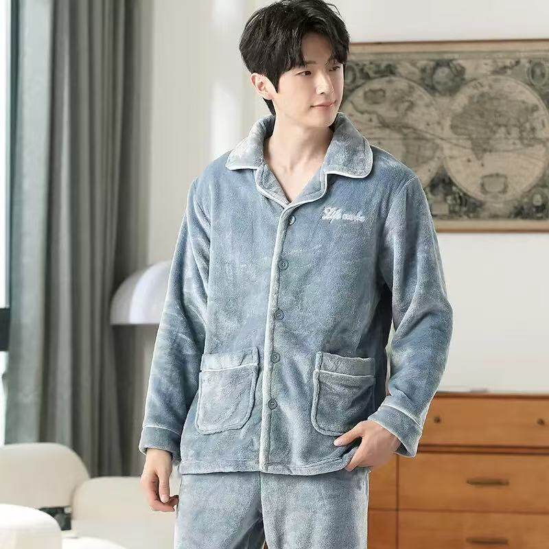 男士冬季加厚法兰绒家居服套装小翻领长袖保暖睡衣浅蓝色
