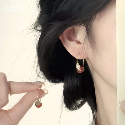 红色仿玛瑙串珠耳扣高级小众轻奢