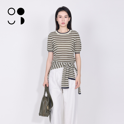 WZWJ/未知未觉复古撞色修身显瘦圆领短袖条纹针织衫女W612M58608