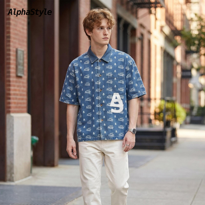 AlphaStyle夏季印花牛仔短袖衬衫