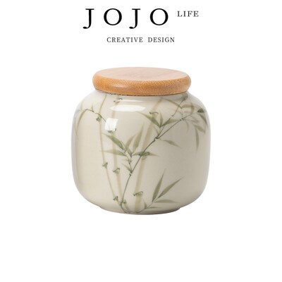 JJ . .e.翠绿文竹茶叶罐密封罐陶瓷存茶罐潮  目送