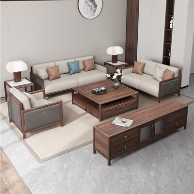 新中式现代别墅客厅实木沙发茶几组合酒店轻奢皮沙发洽谈沙发椅
