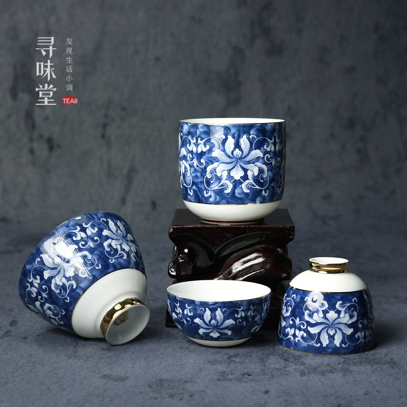 描金青花瓷茶杯高档品茗杯釉下彩锦上添花小杯茶盏青花功夫茶具