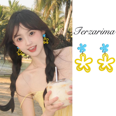 蓝黄撞色花朵镂空蚊香盘耳夹