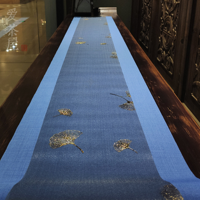 爱茶屋茶具防水席珍珠纱黑色银杏叶烫金茶帘搭配布艺桌旗多款茶道