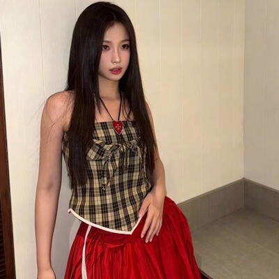 marchen虞书欣同款格纹抹胸上衣