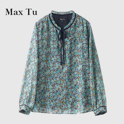 MaxTu碎花飘带雪纺衬衫女显瘦