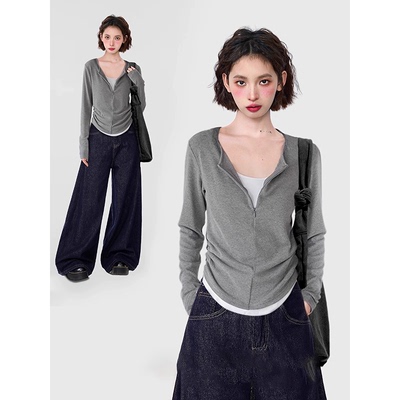 灰色假两件v领长袖t恤女春秋冬早秋修身内搭不规则打底衫短款上衣