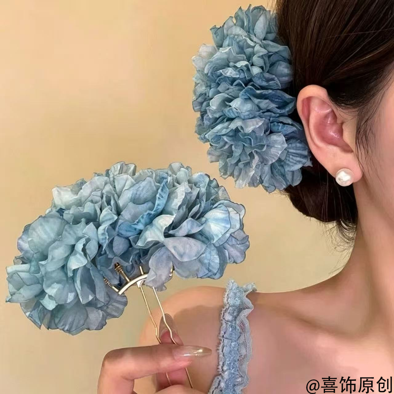 出片温柔蓝花朵发簪女度假风钗子新中式汉服旗袍配饰绝美头花簪子