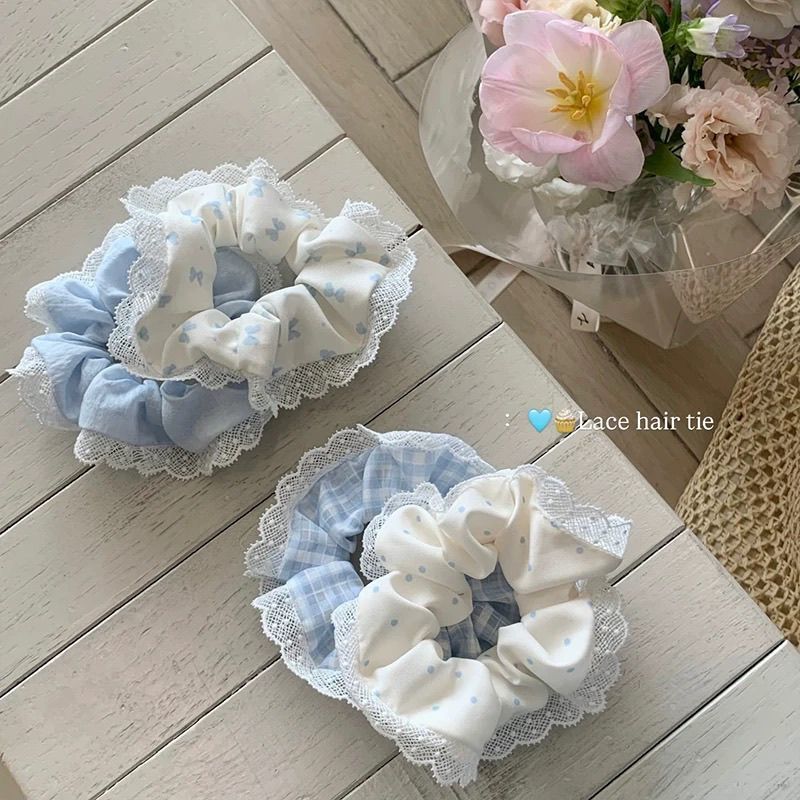 蓝色格子波点韩系蕾丝大肠发圈女高级感头花扎气质发饰丸子头头绳