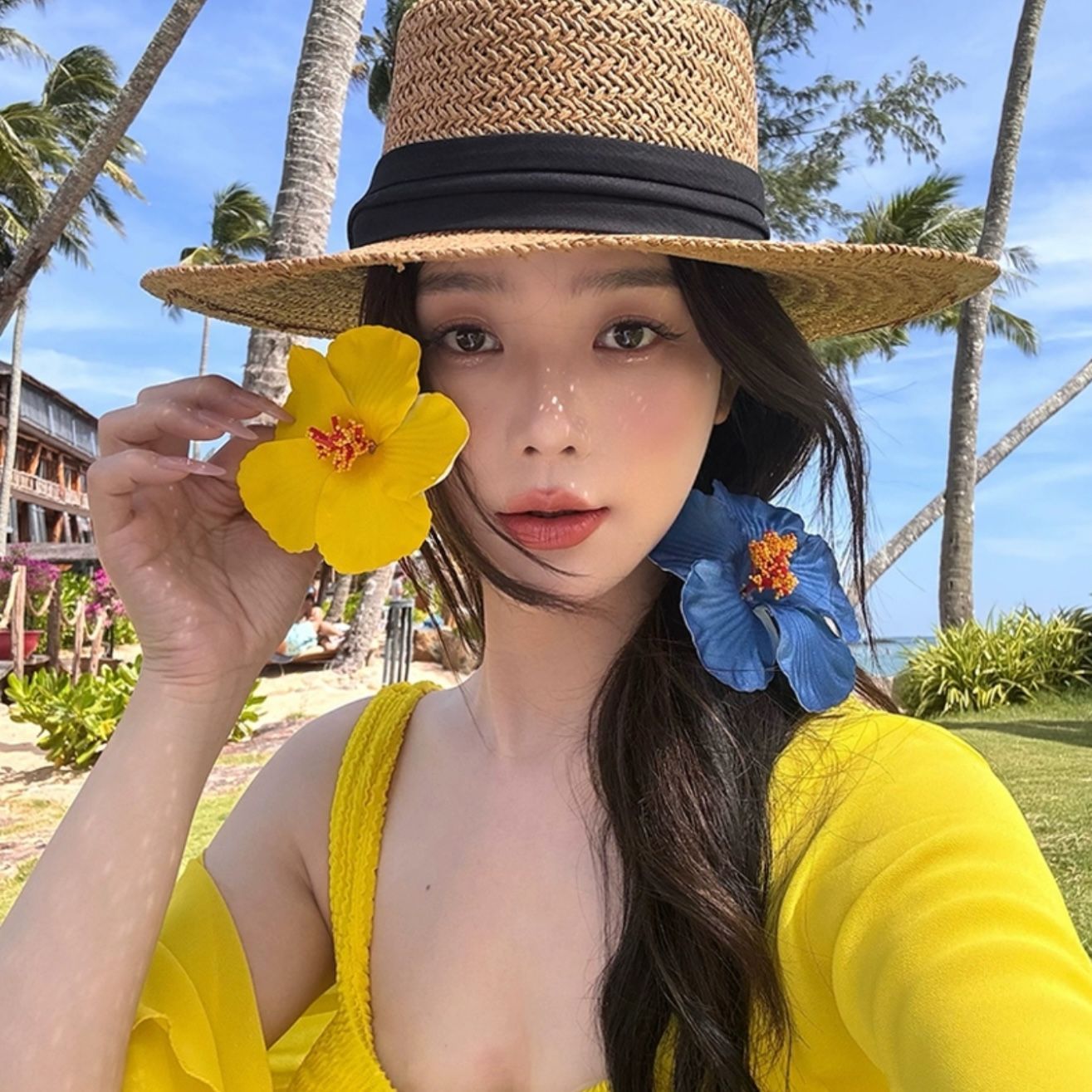 海岛伊人 扶桑花发夹出片顶流女森系甜美仿真花朵边夹氛围感头饰