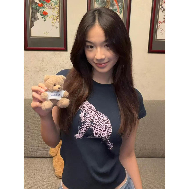 MosesQueen魔西女王豹纹印花正肩短袖t恤女修身显瘦圆领短款上衣