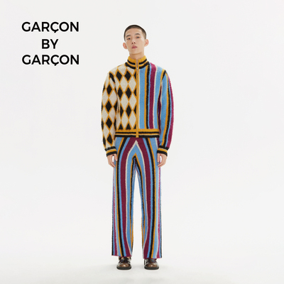 GARCON BY GARCON 秋冬做旧条纹复古嵌花小高领拉链针织毛衣外套
