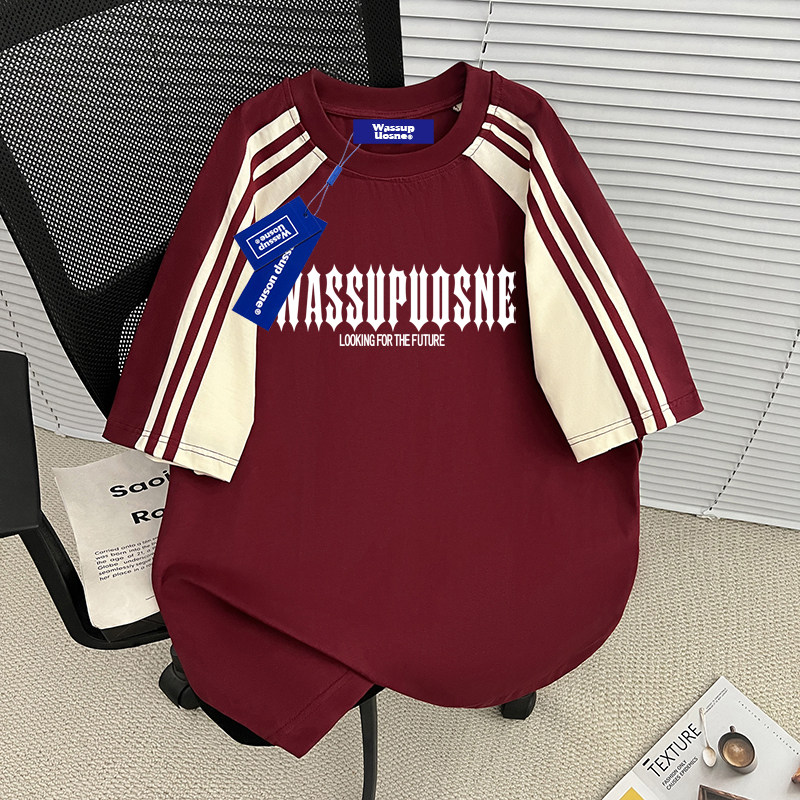 WASSUP UOSNE美式潮牌撞色短袖t恤男士夏季纯棉青少年高级感上衣