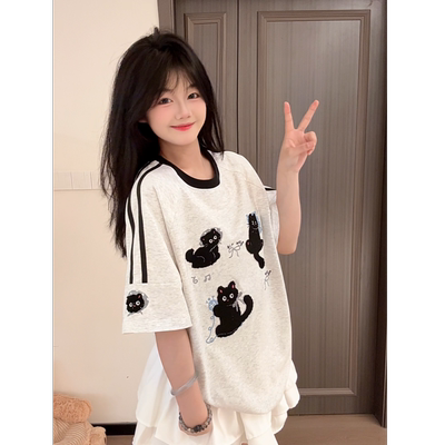 HANDSEVEN美式猫咪刺绣短袖t恤女夏季新款宽松慵懒风小众半袖上衣