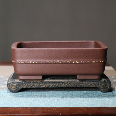 紫砂花盆长方形盆景盆中线中带点金觅陶乡桌面盆栽名家盆尹恒兵