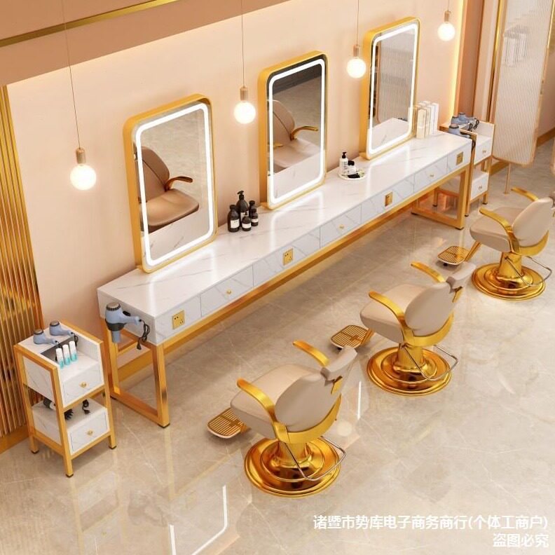 直销美发店镜台一体发廊专用双面大理石带灯剪发理发店不锈钢烫染