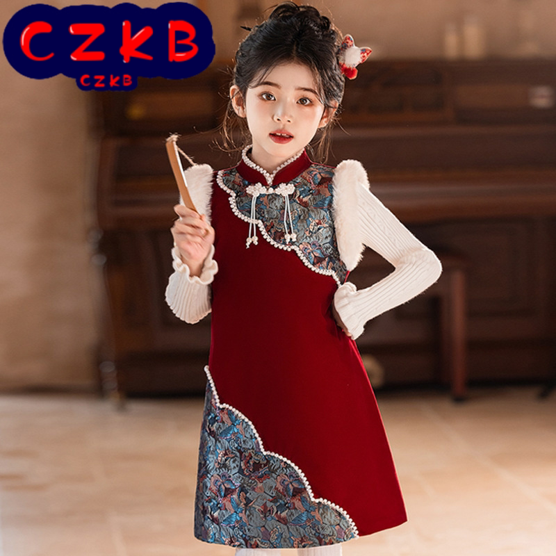 汉服女童冬季旗袍裙女宝宝唐装加绒裙红色连衣裙儿童中国风背心裙