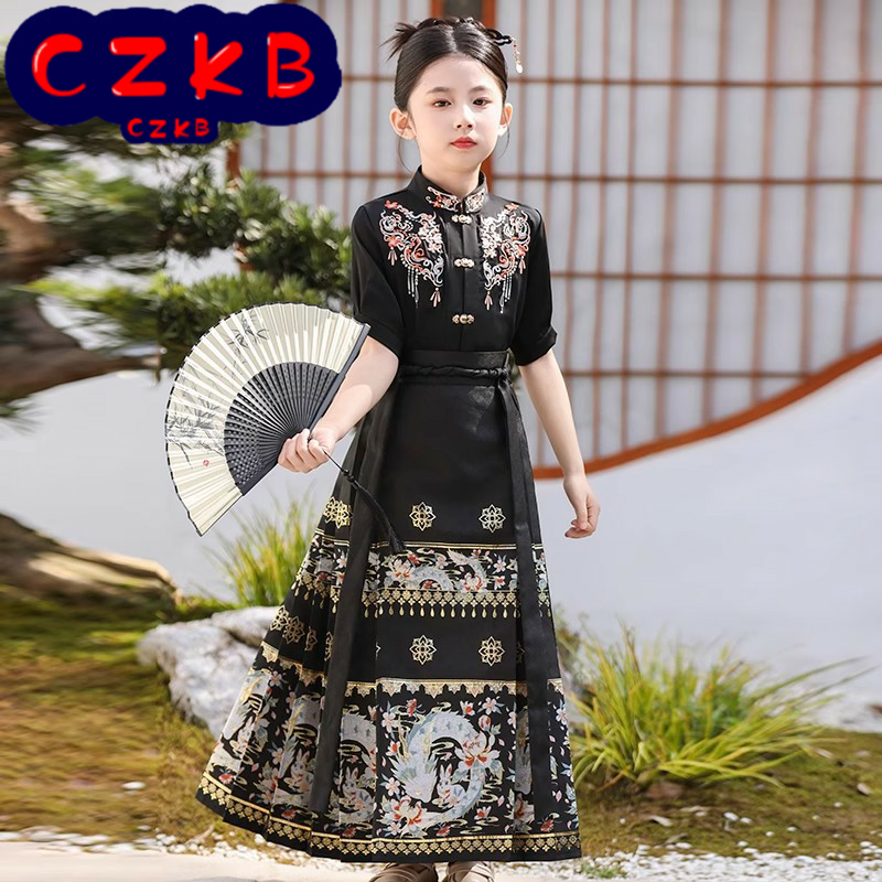 女童马面裙国风儿童套装春秋款中国风唐装长袖儿童汉服日常织金裙