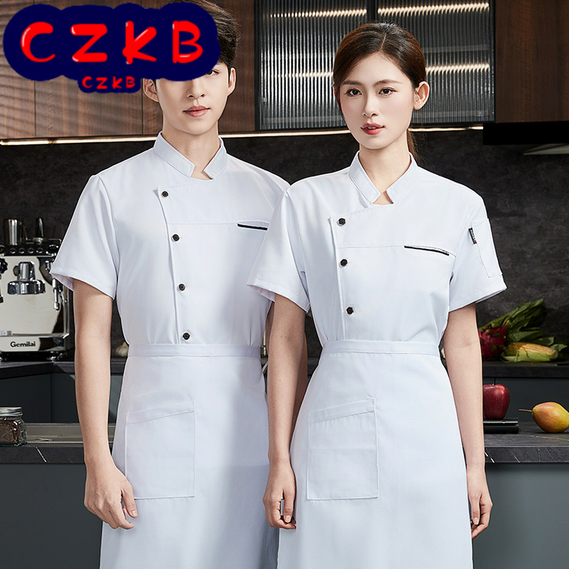 夏季新款斜边内兜厨师服吸湿排汗工作服定制logo饭店后厨半袖