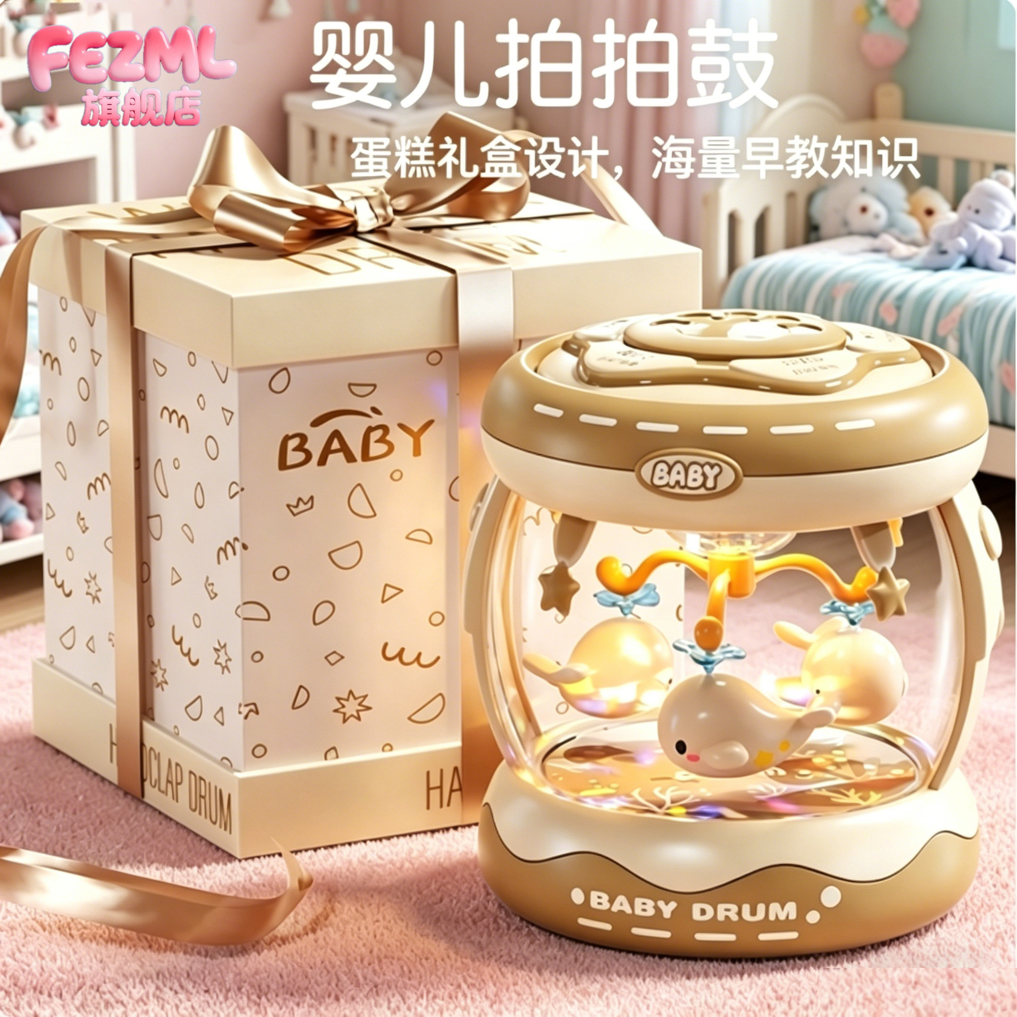电动手拍鼓哄娃神器音乐玩具婴儿早教拍拍鼓蛋糕礼盒设计儿童玩具