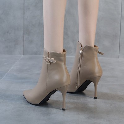 韩版侧拉链软皮短靴女尖头细跟仙女风高跟鞋2024春秋新款马丁靴女