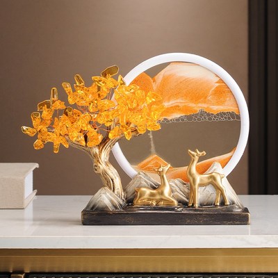 黄水晶发财树福鹿流沙画摆件客厅玄关装饰办公室乔迁开业礼物招财