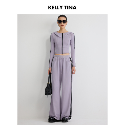 KELLY TINA 紫色拼蕾丝休闲裤直筒运动风裤阔腿裤女拼色长裤子