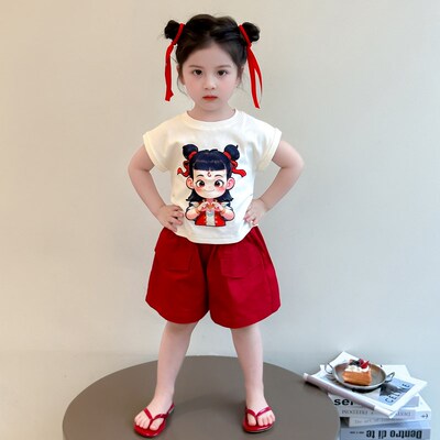 女童哪吒套装夏季2025新款儿童女宝宝休闲吒宝亮灯短袖衣服两件套