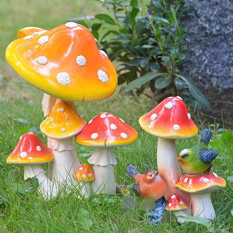 花园景观装饰品小鸟蘑菇摆件草地蘑菇模型景区公园房地产雕塑品