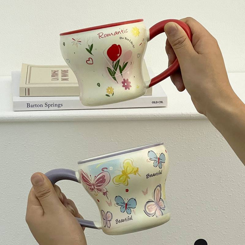 田园风创意中古蝴蝶水杯高颜值伴手礼陶瓷马克杯咖啡牛奶早餐杯子