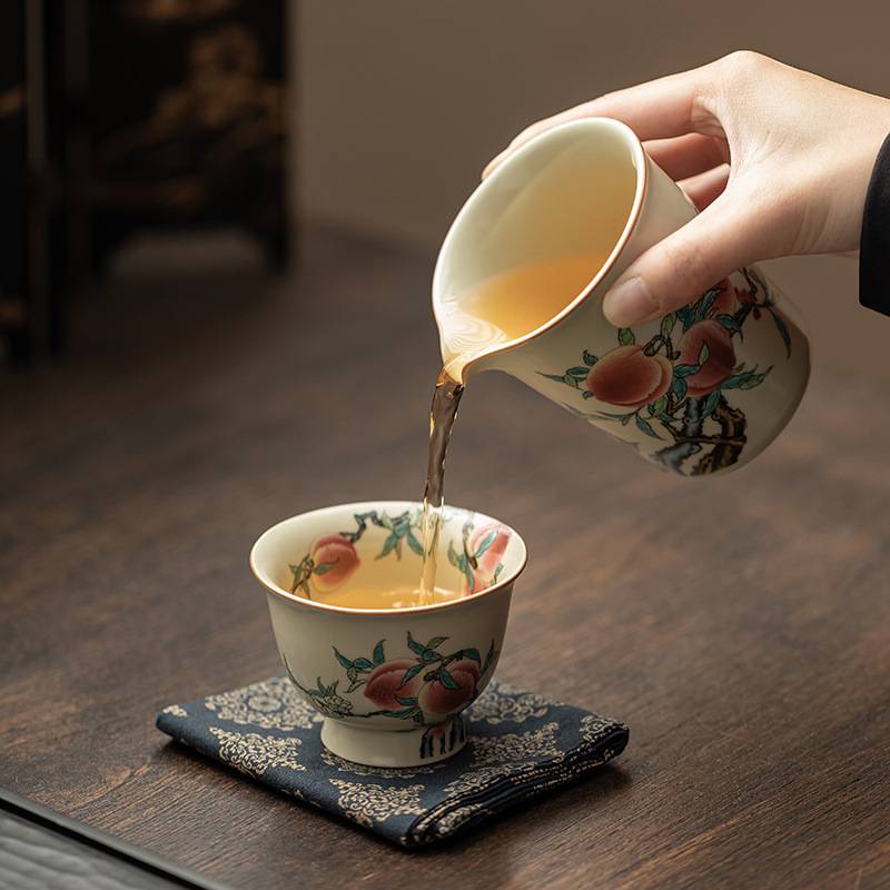 仿古汝窑九桃高脚杯家陶瓷用主人杯茶杯开片可养茶具礼品礼盒装