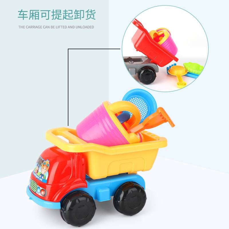 亚马逊热销大号5件套工程车沙滩玩具小孩海边戏水玩沙玩具车喷水