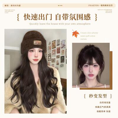 针织帽子发女PUS长卷发一发全体新款时尚秋冬氛围感彷真人发假假