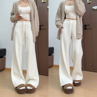 米白色加绒裤子女秋冬加厚运动裤