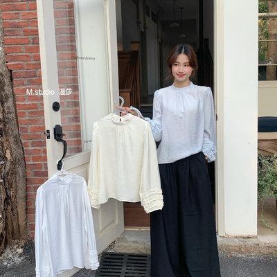 MSTUDIO漫莎-年早春早春爆款韩系温柔气质百搭甜美木耳边上衣小衫