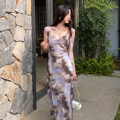 ZY GODDESS-染蝴蝶图案荷叶边吊带飘逸雪纺显瘦连衣裙26002连衣裙