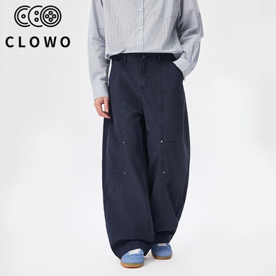 CLOWO美式工装宽松拉链弯刀裤男