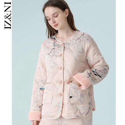 IIZZINI 2021睡衣女冬长袖夹棉加厚加绒国风画眉鸟奢华家居服套装