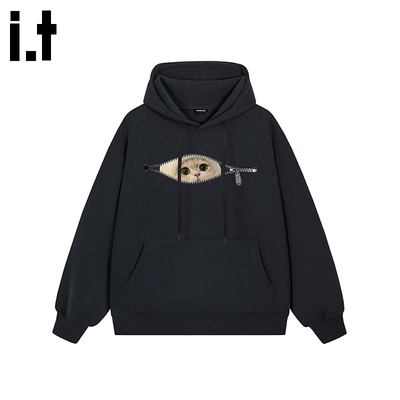 i.tGROUNDZERO2025秋冬黑色拉链小猫咪男女情侣款连帽大码卫衣上