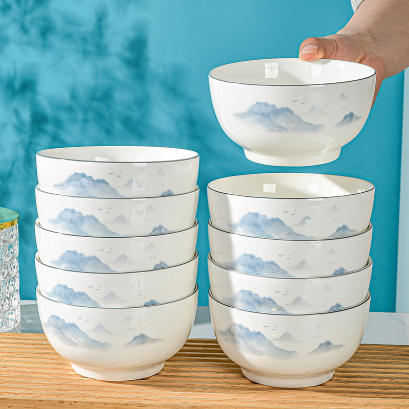 陶瓷碗家用吃饭新款米饭碗面碗汤碗中式山水画菜盘子鱼盘釉下彩碗