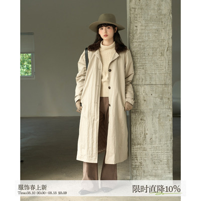 aww  做旧质感廓形·娃娃领撞色卡其色长款棉服秋冬保暖外套