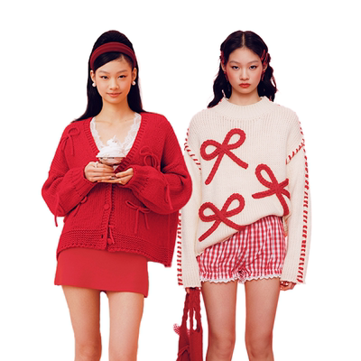 【穿衣自由 多尺码专场】CIDER红色V领蝴蝶结开衫/白色蝴蝶结毛衣