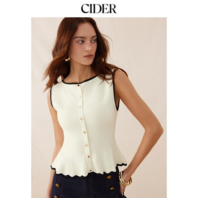 CIDER2026春季新品针织船领撞色荷叶边金属纽扣背心115281121