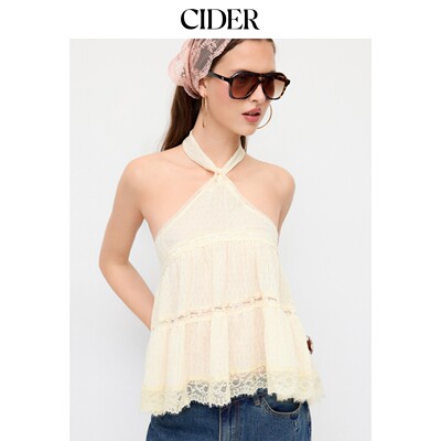 CIDER2026春季新品挂脖系带蕾丝边宽松短款上衣115256180